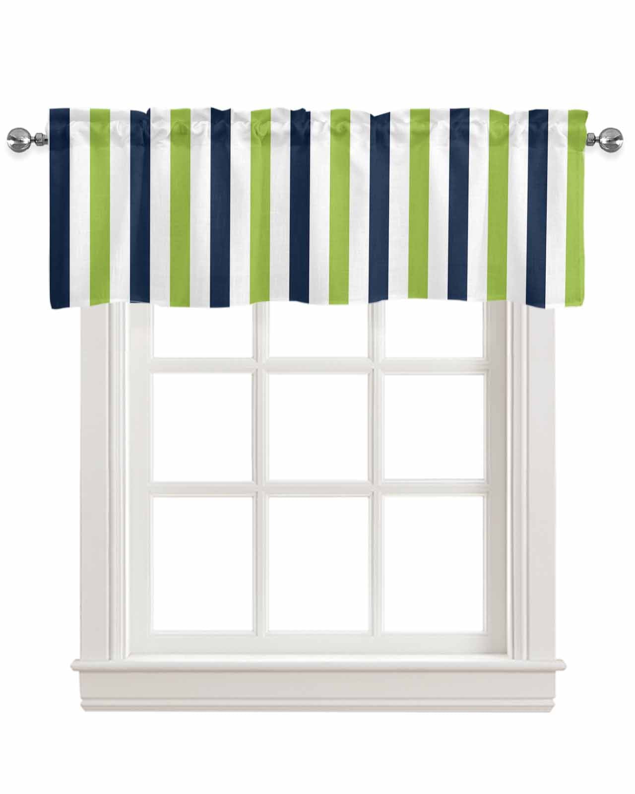 Green Navy Blue Striped Kitchen Valances for Windows Farmhouse Linen ...