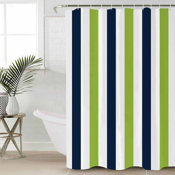 Green Navy Blue Striped Shower Curtain Set, Waterproof Shower Curtains ...