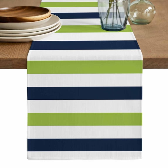 Green Navy Blue Striped Table Runner, Farmhouse Stripe Art Washable ...