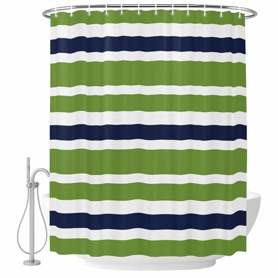 Green Navy Shower Curtain Set with Hooks, Blue White Geometric Stripes ...