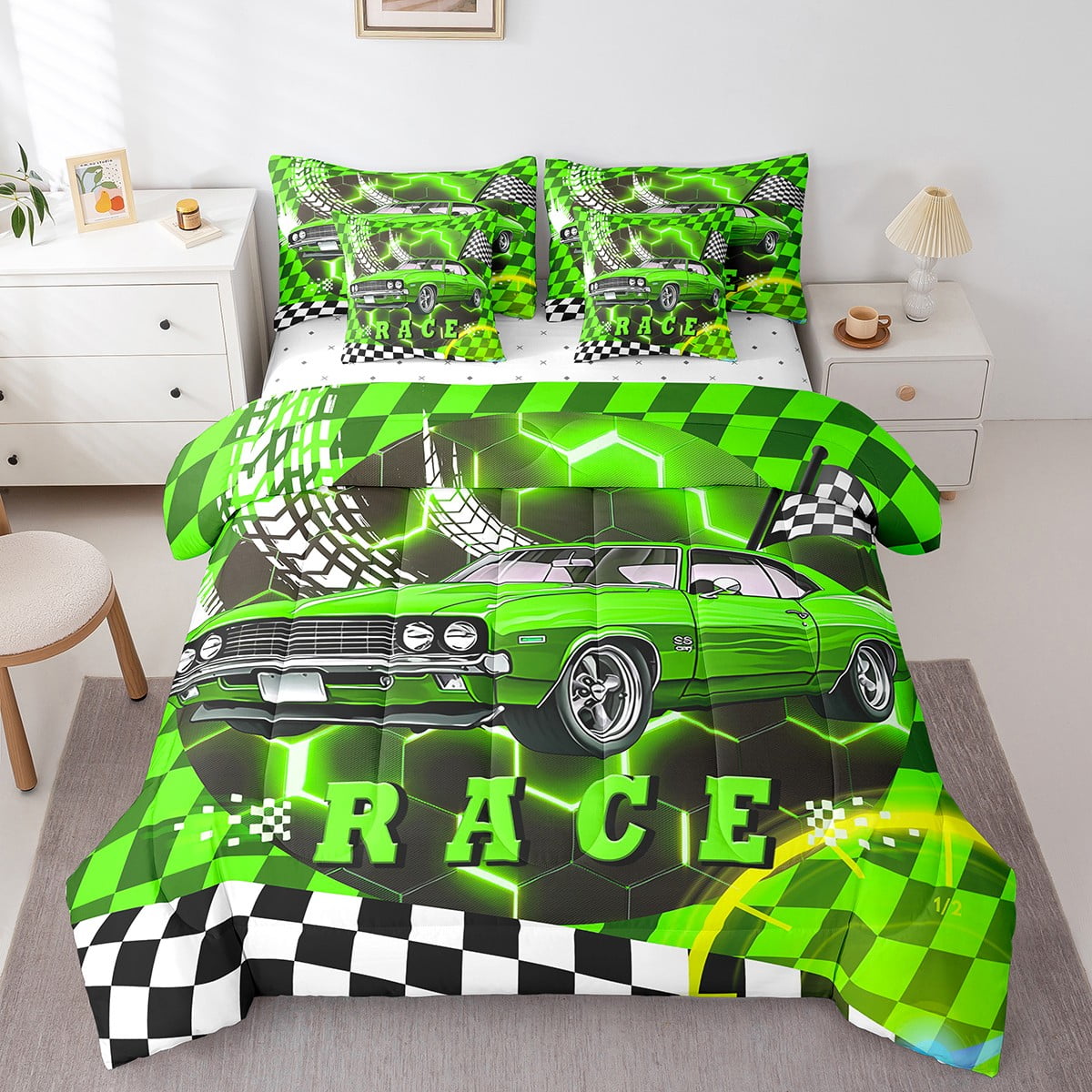 Green Neon Lights Honeycomb Bed in a Bag King Size Comforter Set 7 ...
