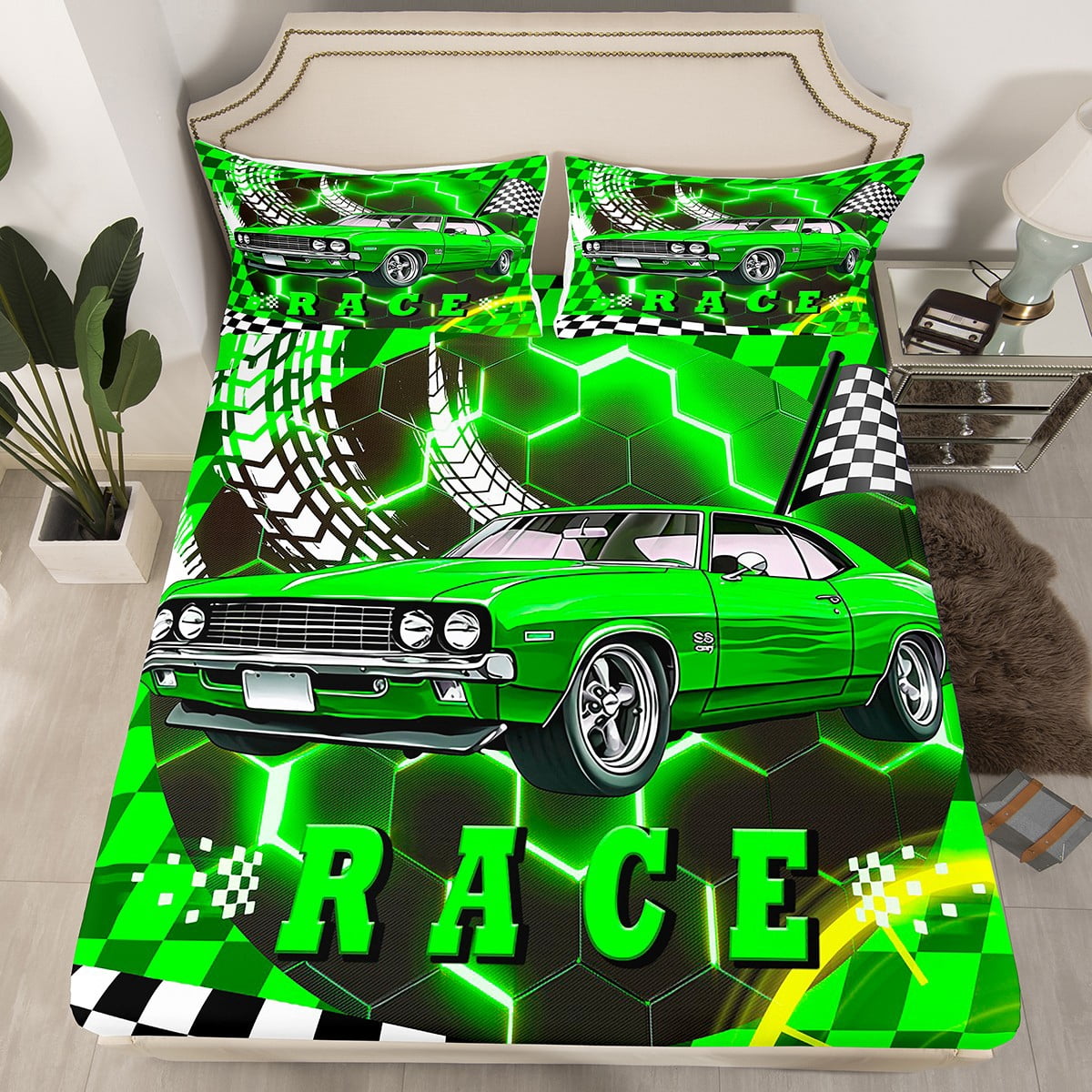 Green Neon Lights Honeycomb Bed Sheets Race Car Bed,Cool Sports Car ...