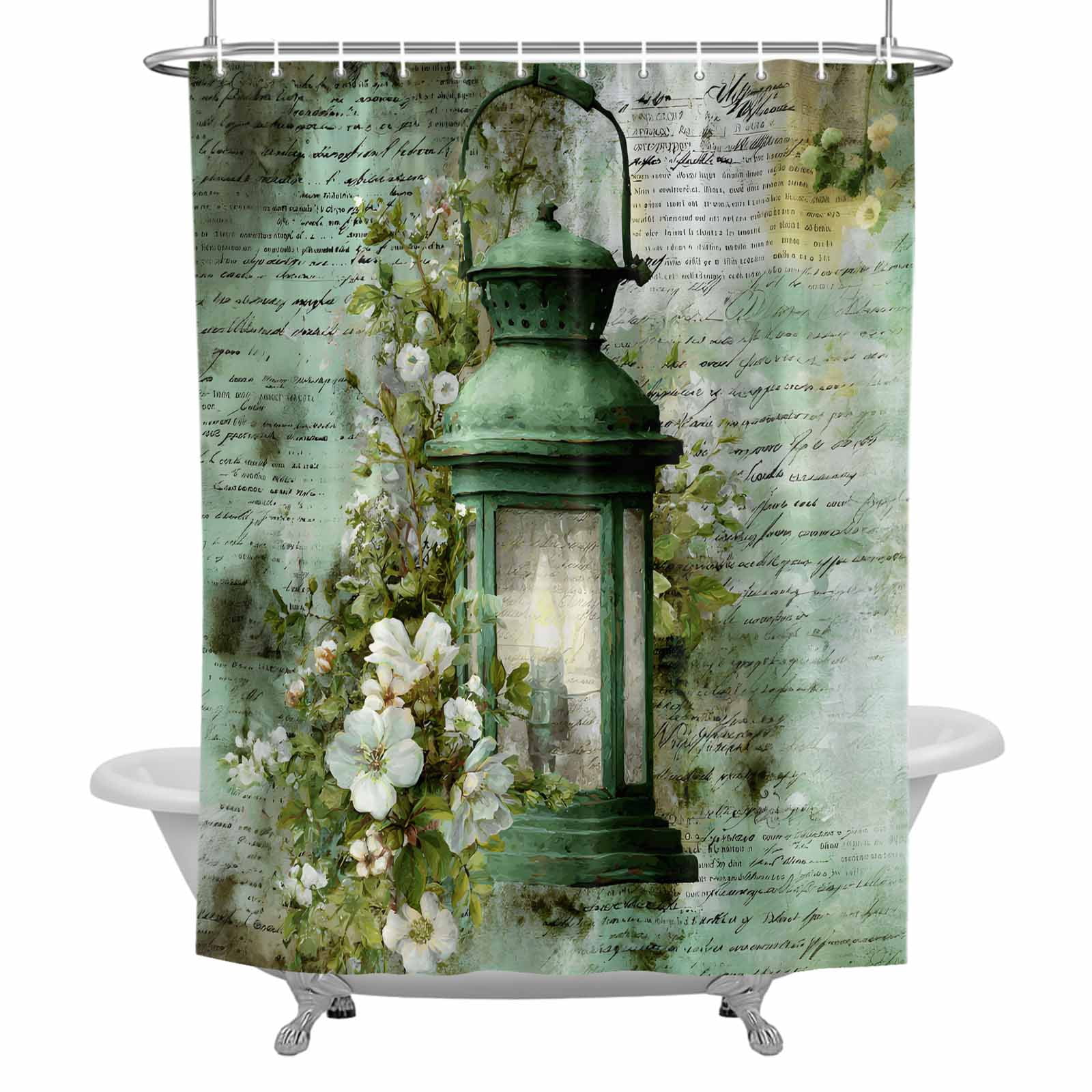 Green Oil Lights Shower Curtain for Bathroom, Retro White Flowers ...