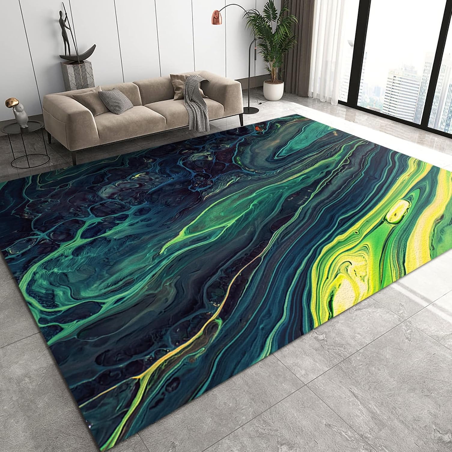 Green Oil Painting Area Rugs, Curved Line Carpet, Bathroom Rugs Soft ...