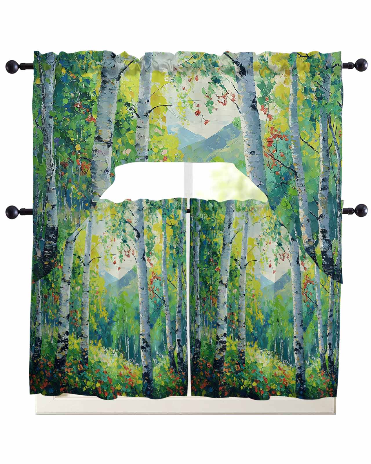 Green Oil Painting Kitchen Curtains Swag Valance and Tier Curtains Set ...