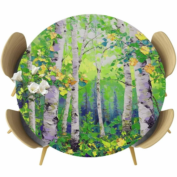 Green Oil Painting Table Cloth, Round Fitted Tablecloths with Elastic ...