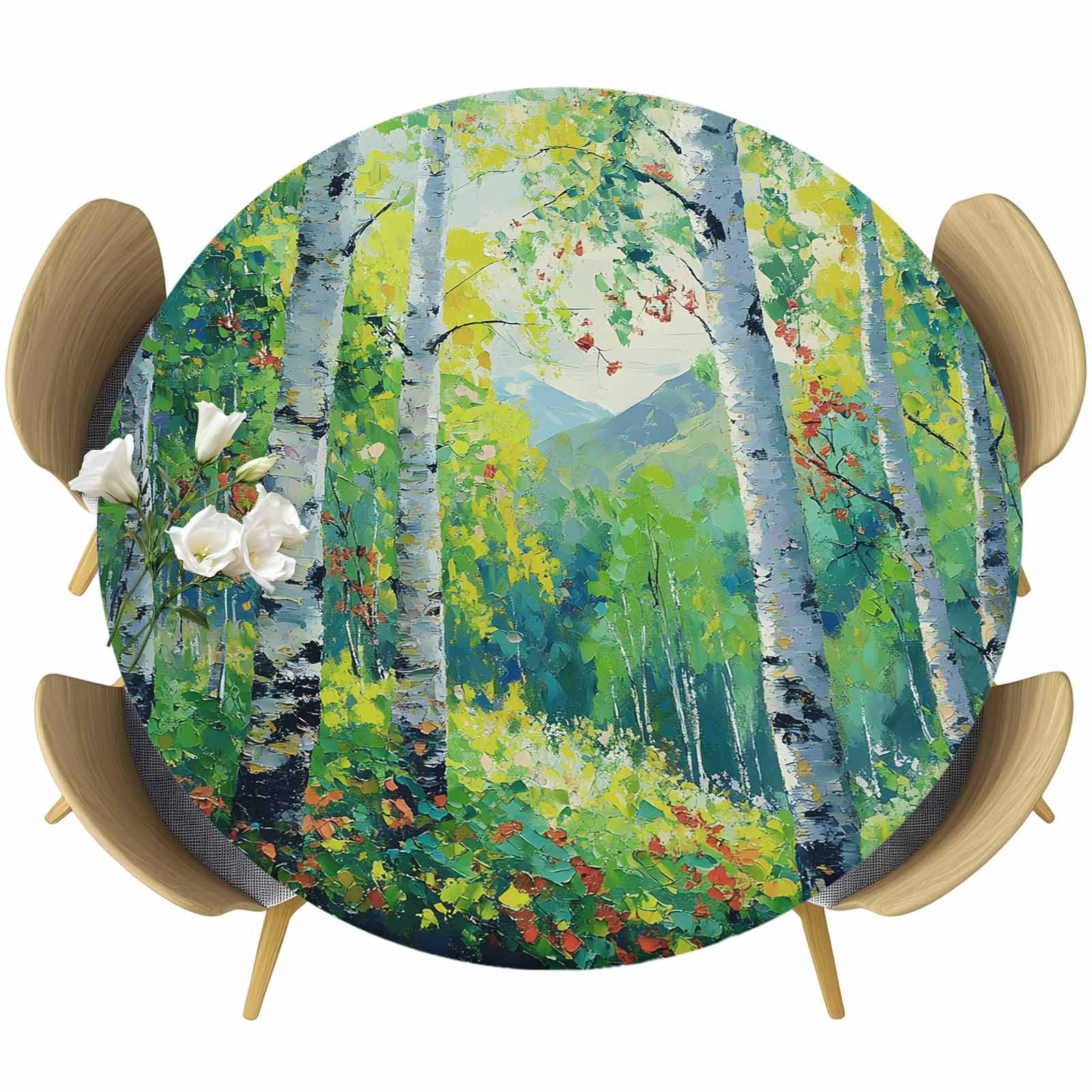 Green Oil Painting Table Cloth, Round Fitted Tablecloths with Elastic ...