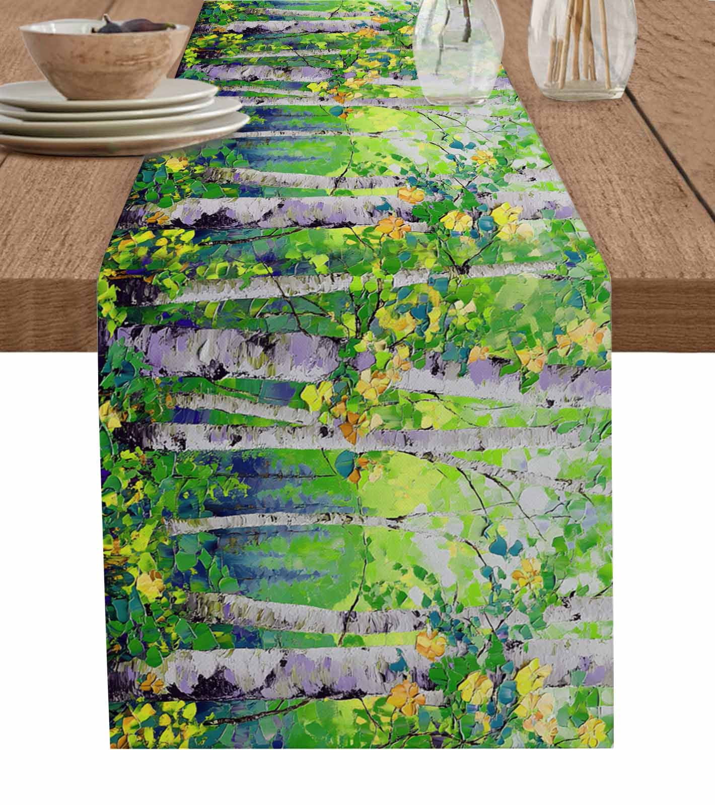 Green Oil Painting Table Runner 60 Inches, Modern Abstract Art Summer ...