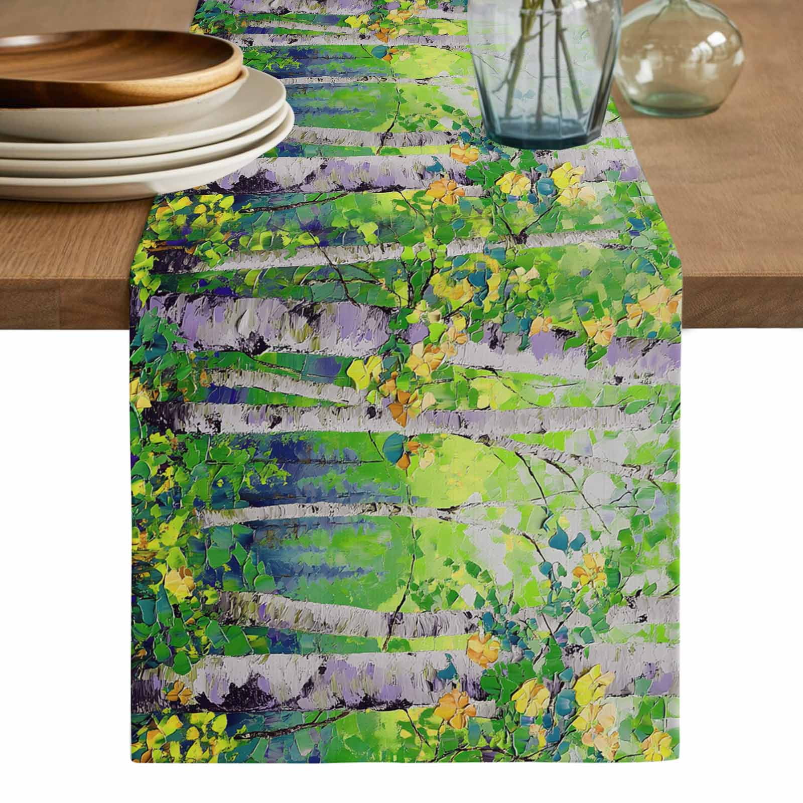 Green Oil Painting Table Runner, Modern Abstract Art Summer Tree Leaves ...