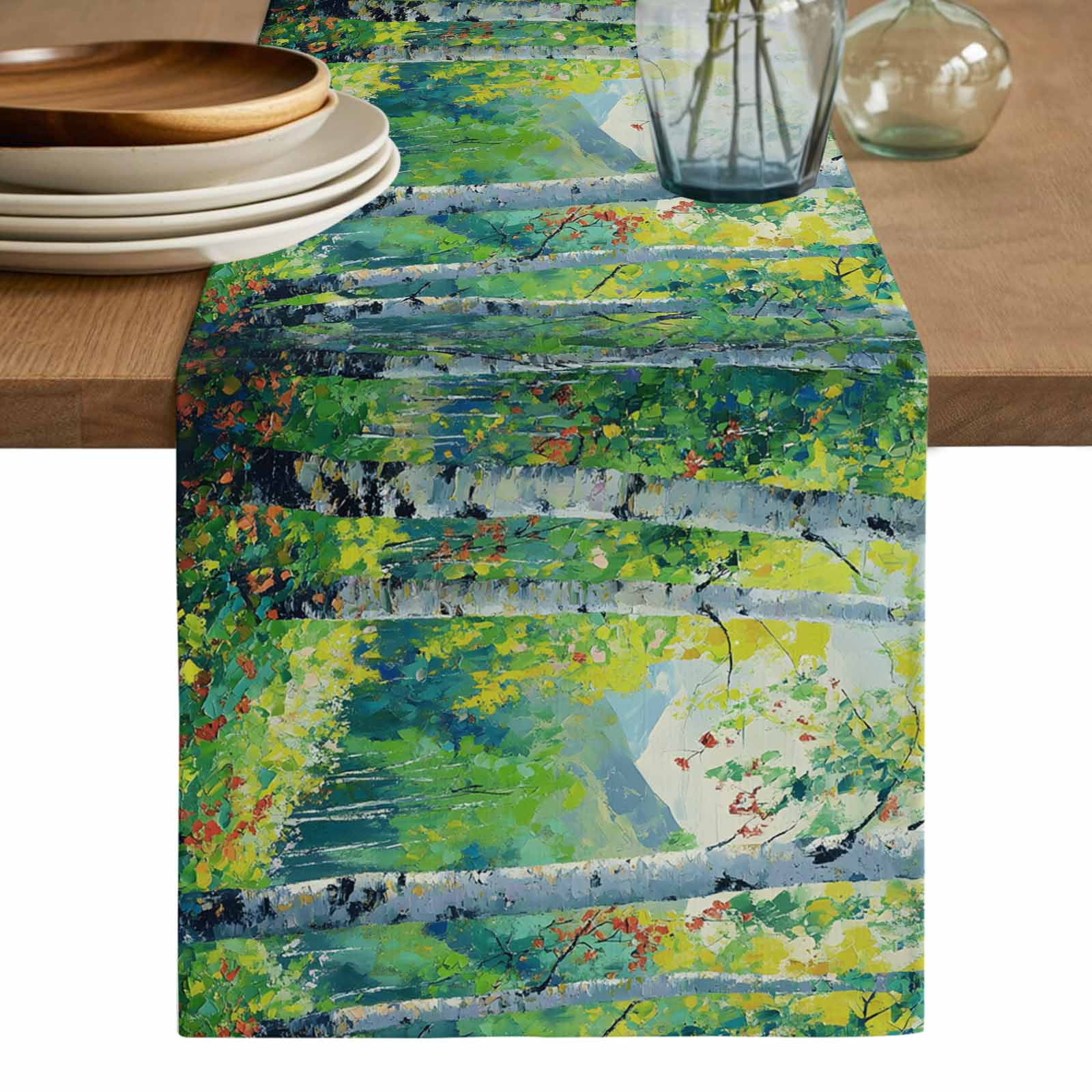 Green Oil Painting Table Runner, Modern Abstract Art Summer Tree ...