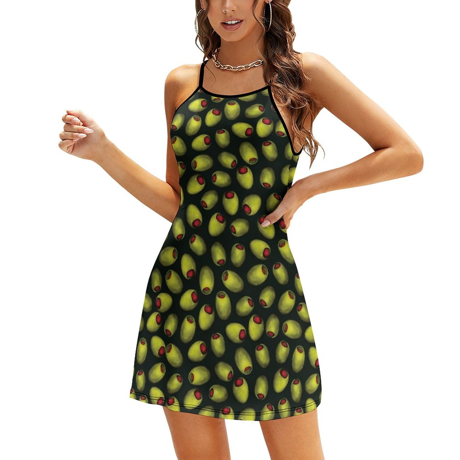 Green Olives With Red Pimentos-Novelty Food Pattern Square Neck Dress ...