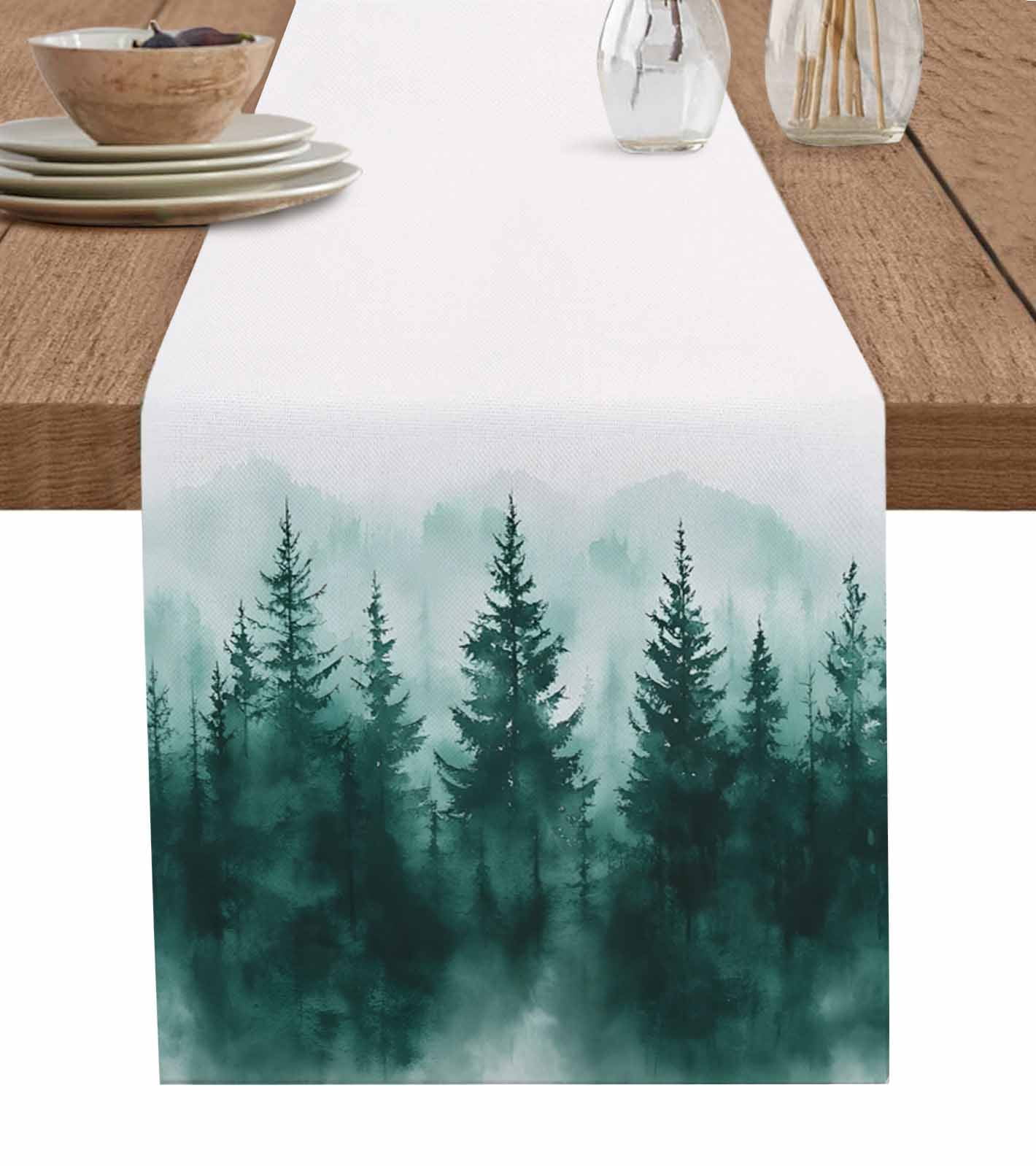 Green Ombre Forest Table Runner 72 Inches, Abstract Art Watercolor Tree ...