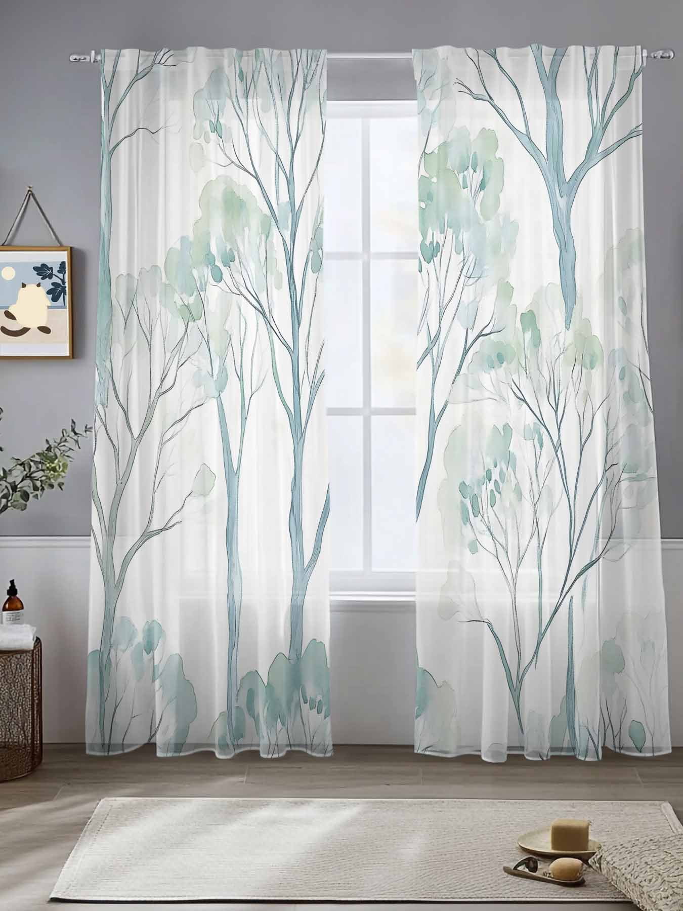 Green Ombre Leaves Tree Sheer Curtains for Living Room Bedroom Vintage ...