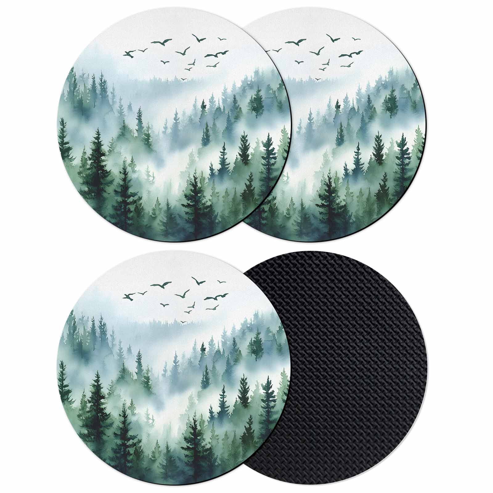 Green Ombre Mountain Coasters Set of 4, Watercolor Forest Absorbent ...