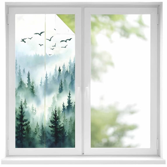 Green Ombre Mountain Window Privacy Film, Watercolor Forest Static ...