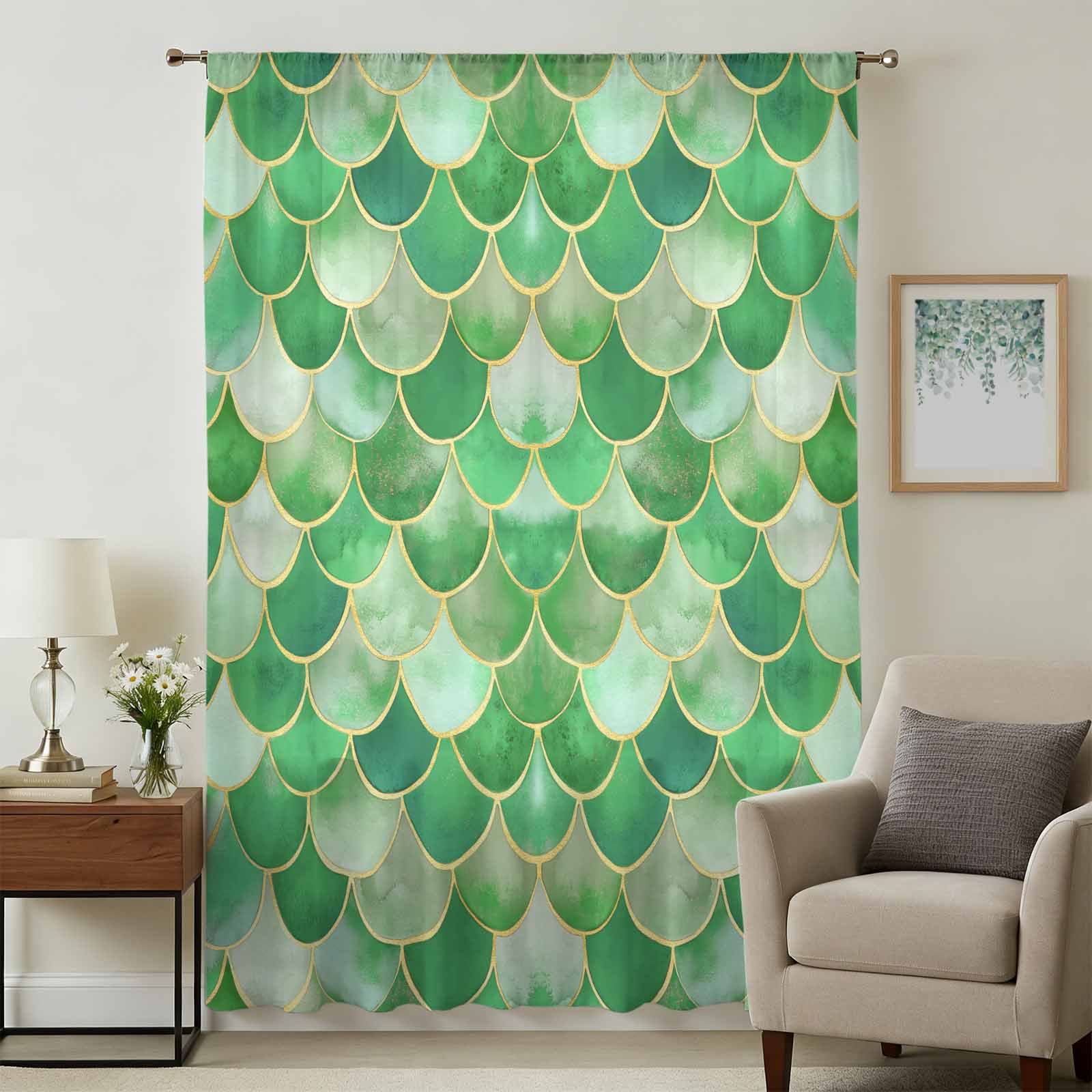 Green Ombre Scale Sheer Curtains 84 Inches Long, Abstract Art Ocean ...