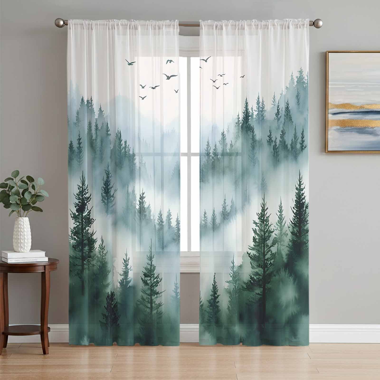 Green Ombre Tree Sheer Curtains 96 Inch Length 2 Panels Set, Abstract ...