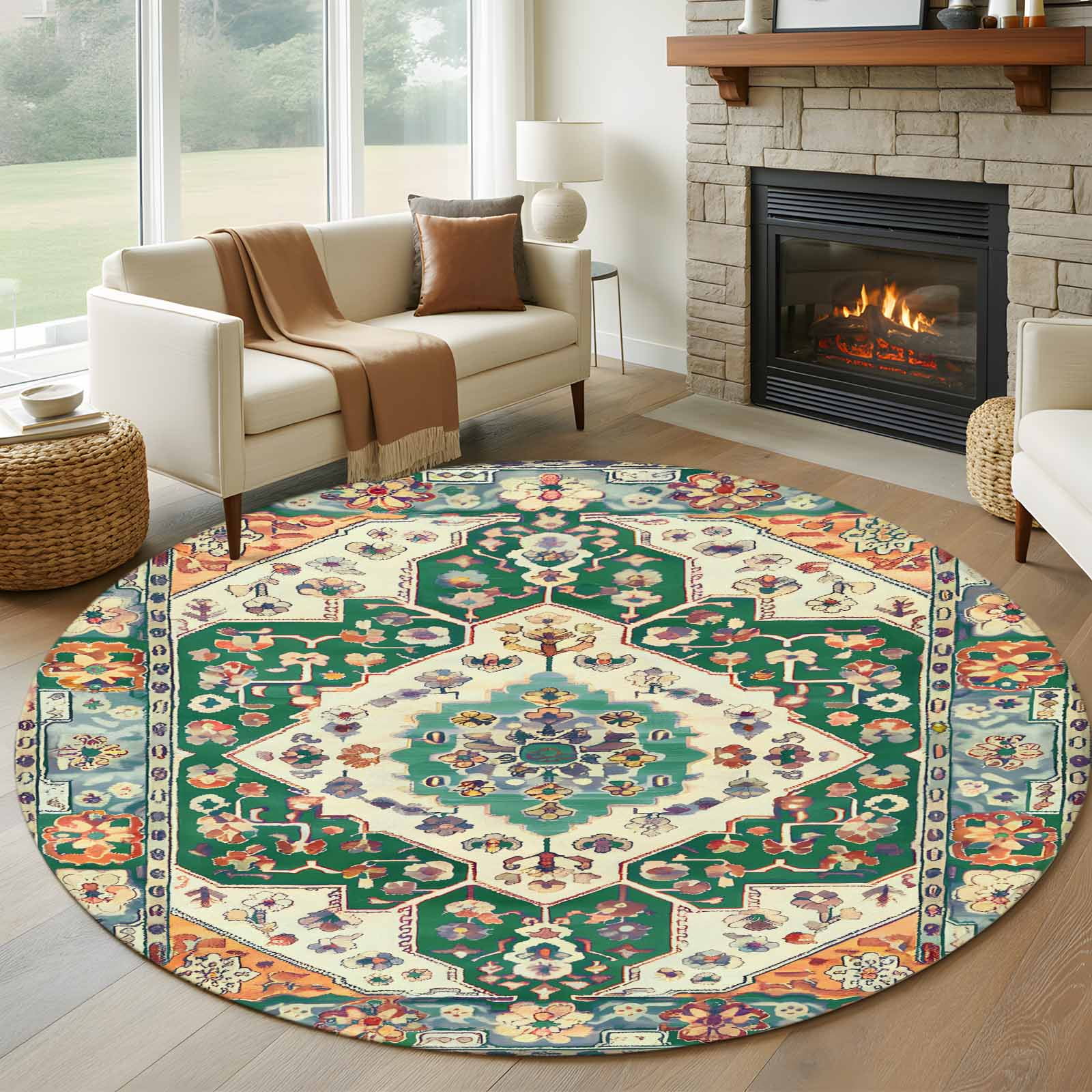 Green Orange Beige Boho 7ft Round Rug, Retro Ethnic Tribal Abstract Art ...
