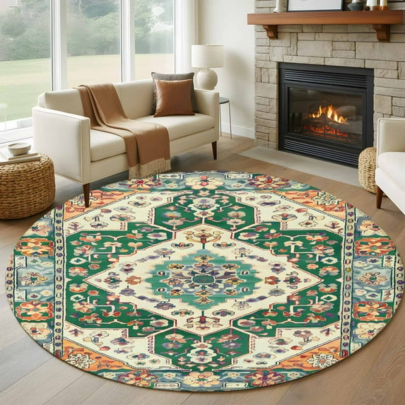 Green Orange Beige Boho 7ft Round Rug, Retro Ethnic Tribal Abstract Art ...