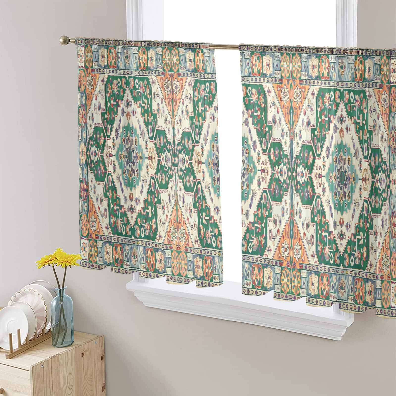 Green Orange Beige Boho Sheer Curtains 54 Inches Length 2 Panels Set ...