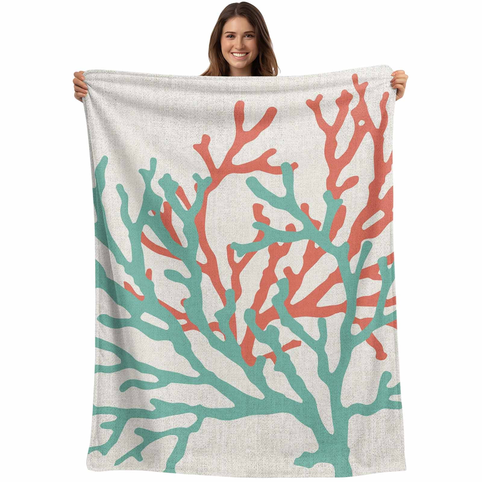Green Orange Coastal Coral Throw Blankets, Summer Ocean Soft Fleece ...