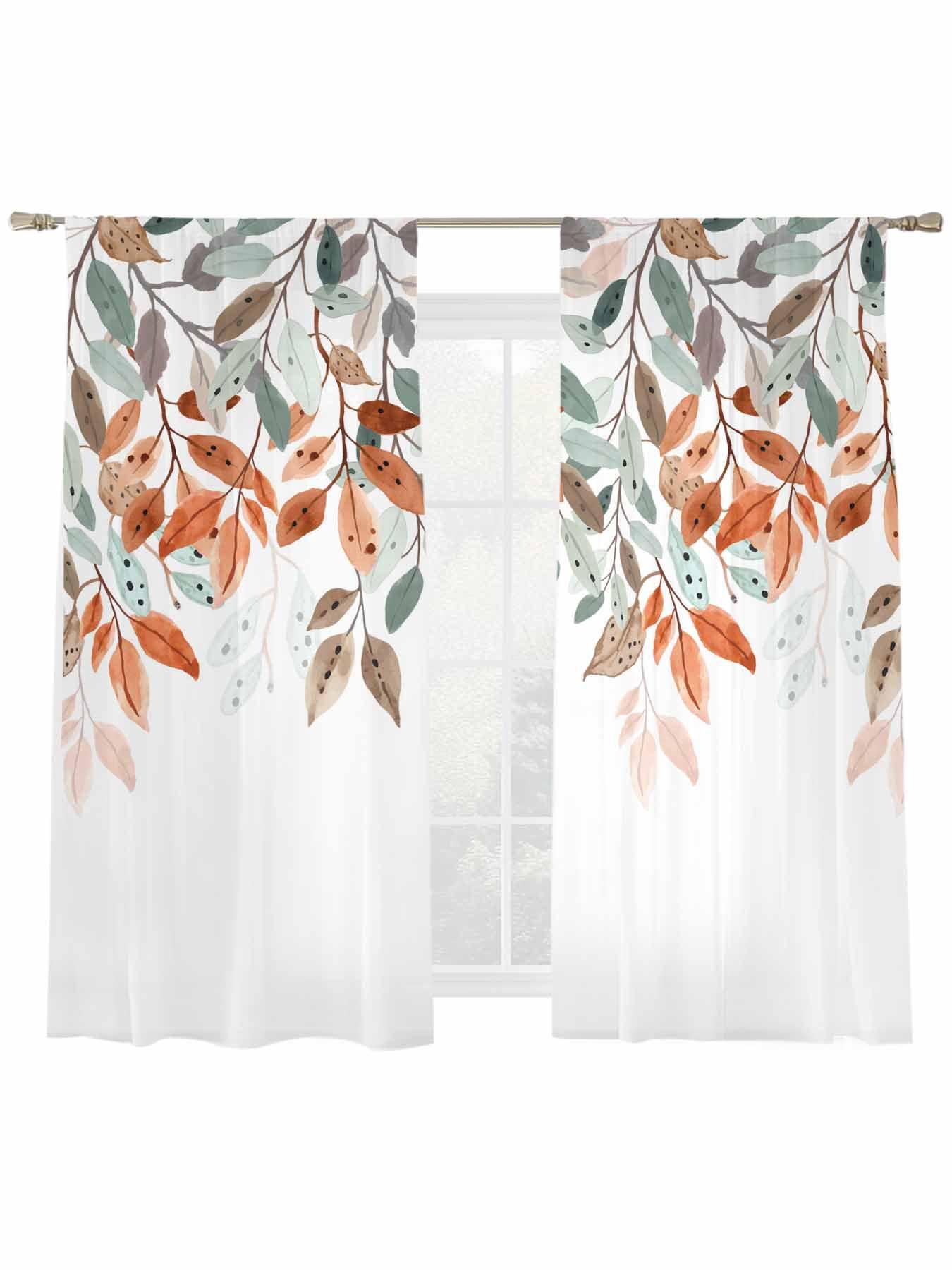 Green Orange Leaf Sheer Curtains 63 Inch Long 2 Panels, Watercolor ...
