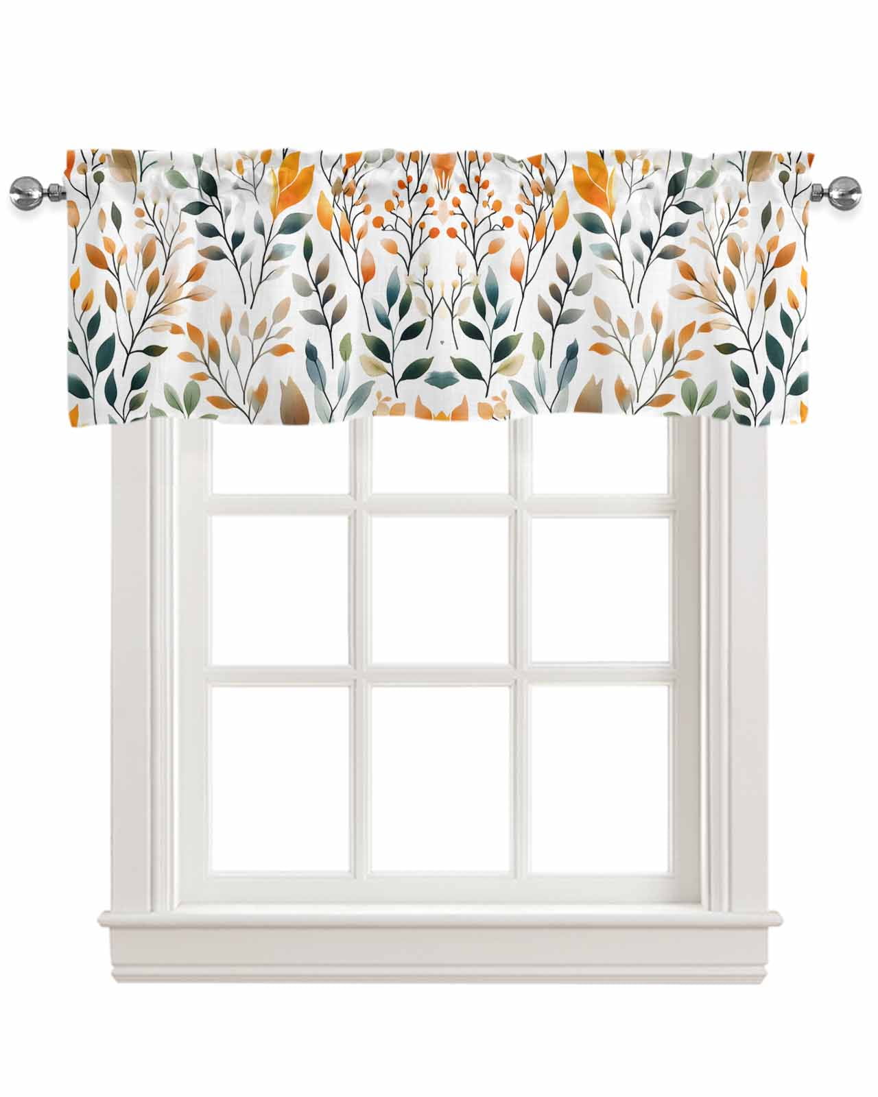 Green Orange Leaves Kitchen Valances for Windows Farmhouse Linen Window ...