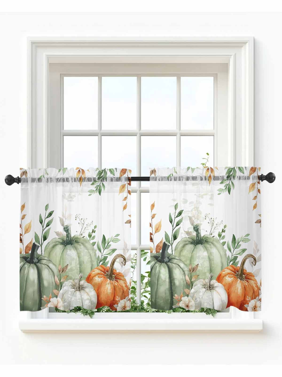 Green Orange Pumpkin Fall Tier Curtains 36 Inch Length,Sheer Curtains ...