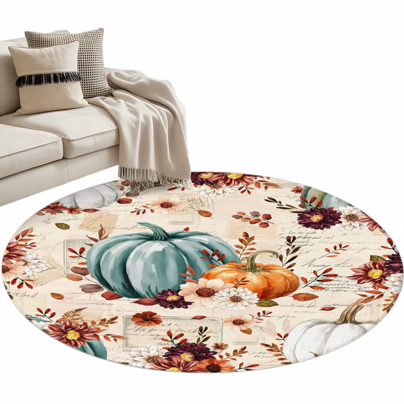 Green Orange Pumpkins Fall Round Area Rug 4ft, Botanical Thanksgiving ...