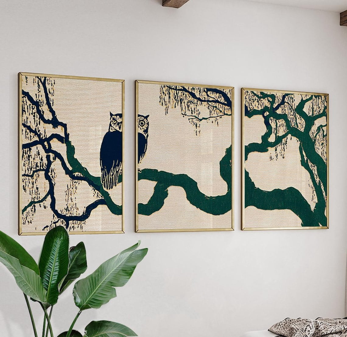 Green Owl Botanical Japanese Tree Branch Triptych Art Set 3 Stretched ...