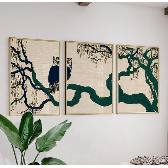 Green Owl Botanical Japanese Tree Branch Triptych Art Set 3 Stretched ...