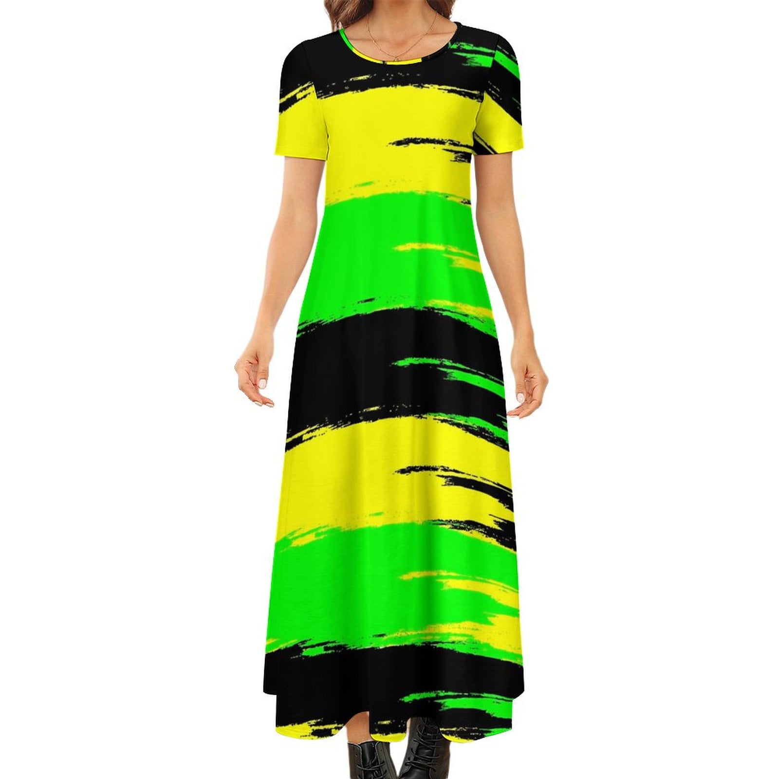 Green Paint Brush Dress Abstract Shades Beach Maxi Dress Ladies Short ...