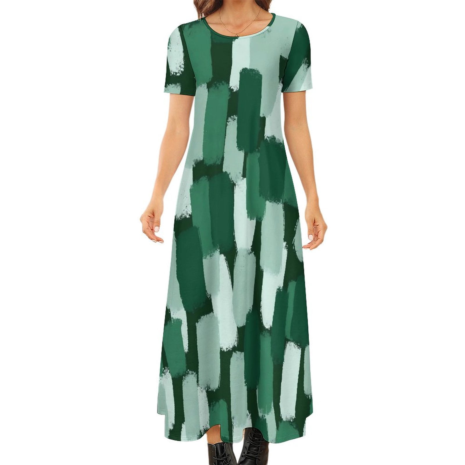 Green Paint Brush Dress Abstract Shades Beach Maxi Dress Ladies Short ...