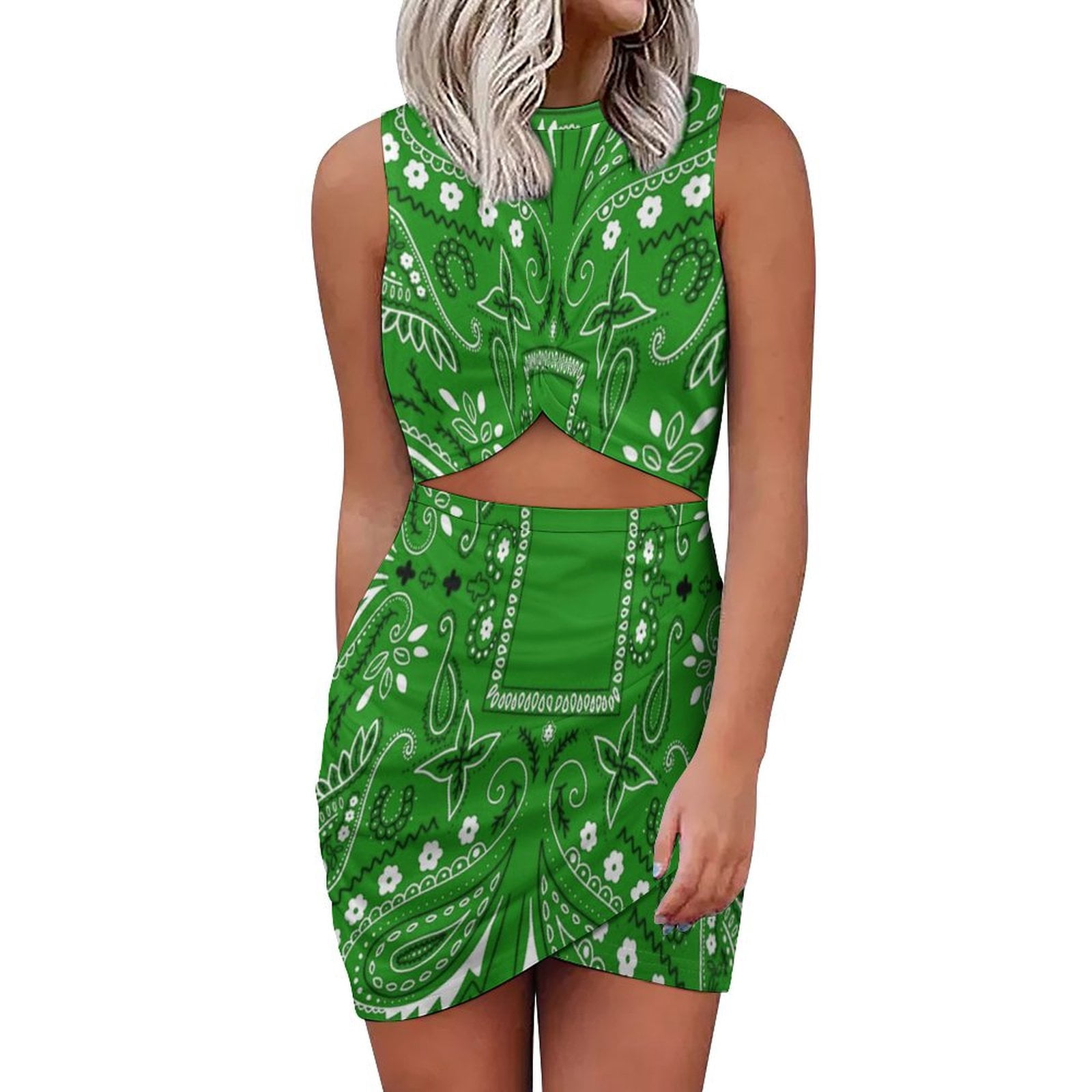 Green Paisley Bandana Pattern Women's Crossover Slim Hip Dress Summer ...
