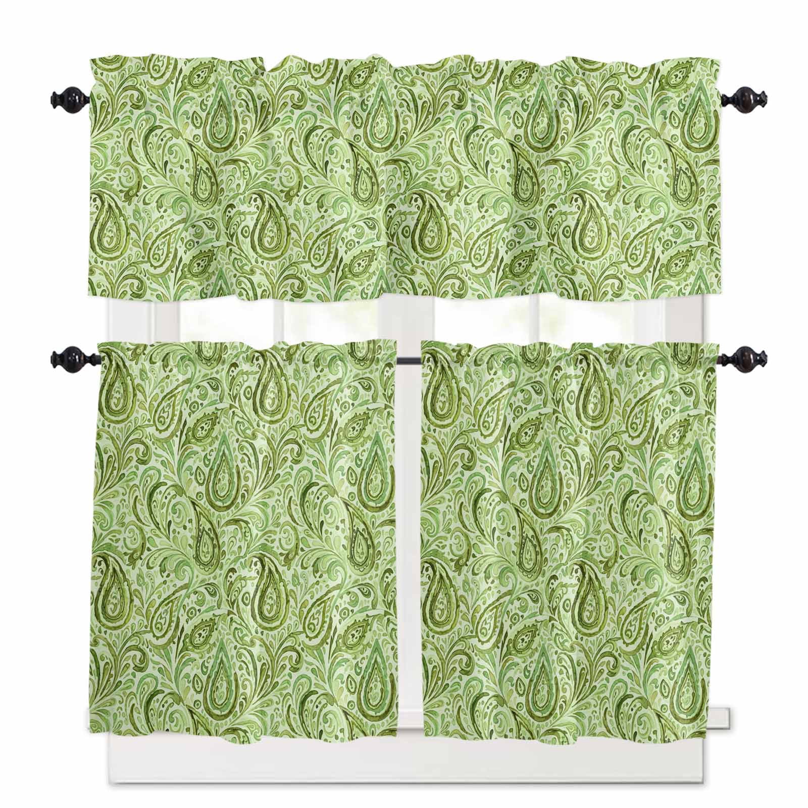 Green Paisley Floral Kitchen Curtains Valance and Tier Set Retro ...