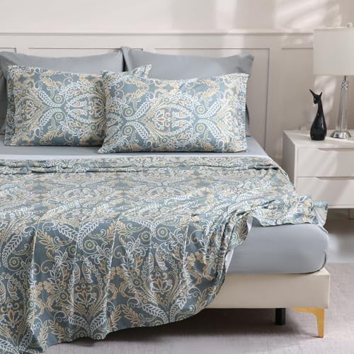 Green Paisley King Size Bed Sheet Set, 6 Piece, Deep Pocket Grey Fitted ...