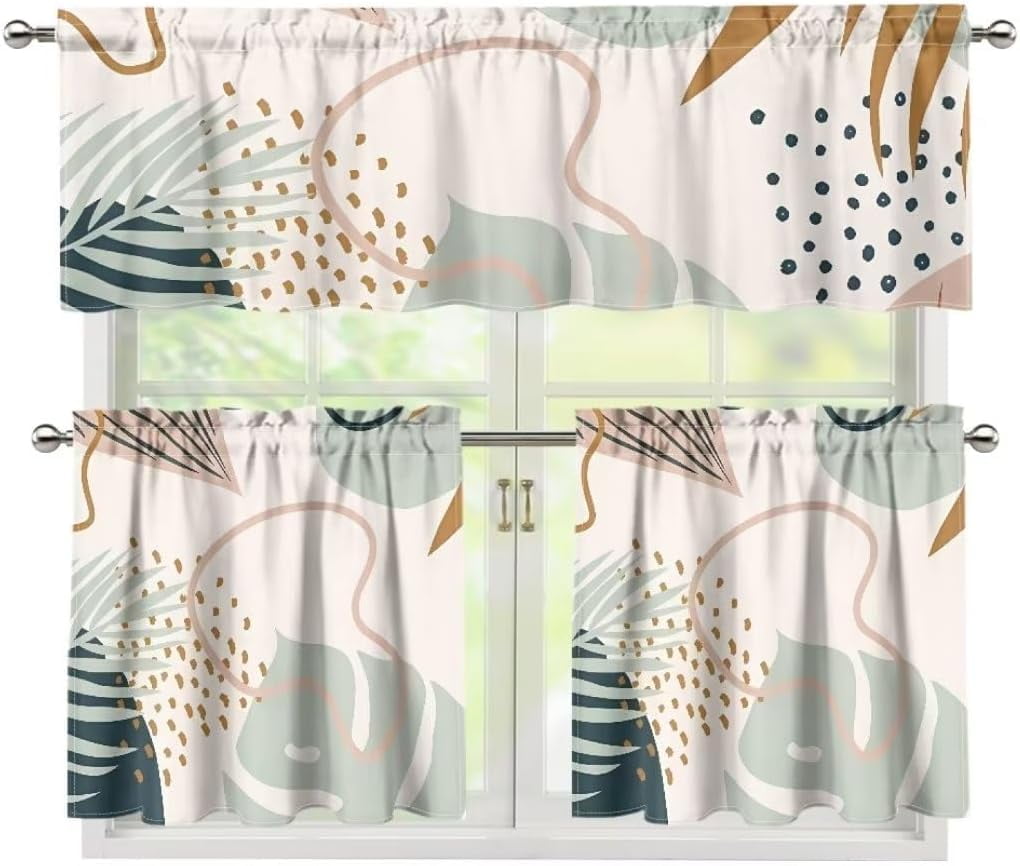 Green Palm Leaf Kitchen Curtain Valance and Tiers Set of 3 Window ...