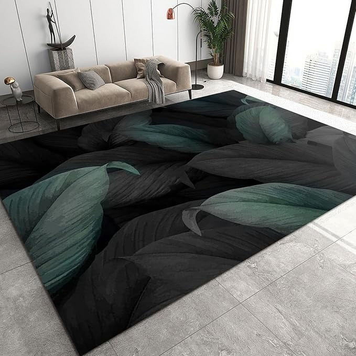 Green Palm Leaf Living Room Rugs, Simple Black Print Indoor Carpet ...