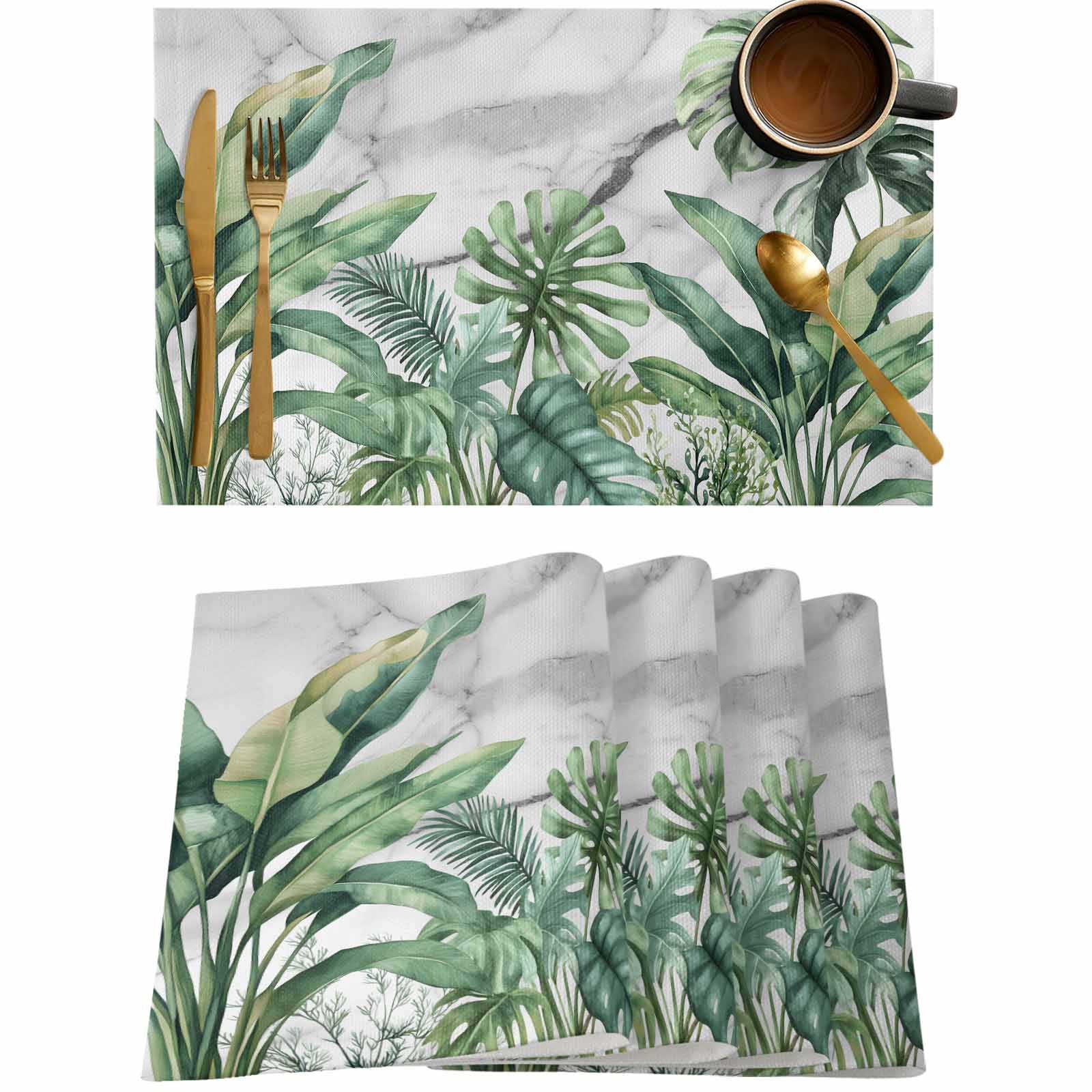 Green Palm Leaf Marble Placemats Set of 4,Wipeable Washable Table Mats ...