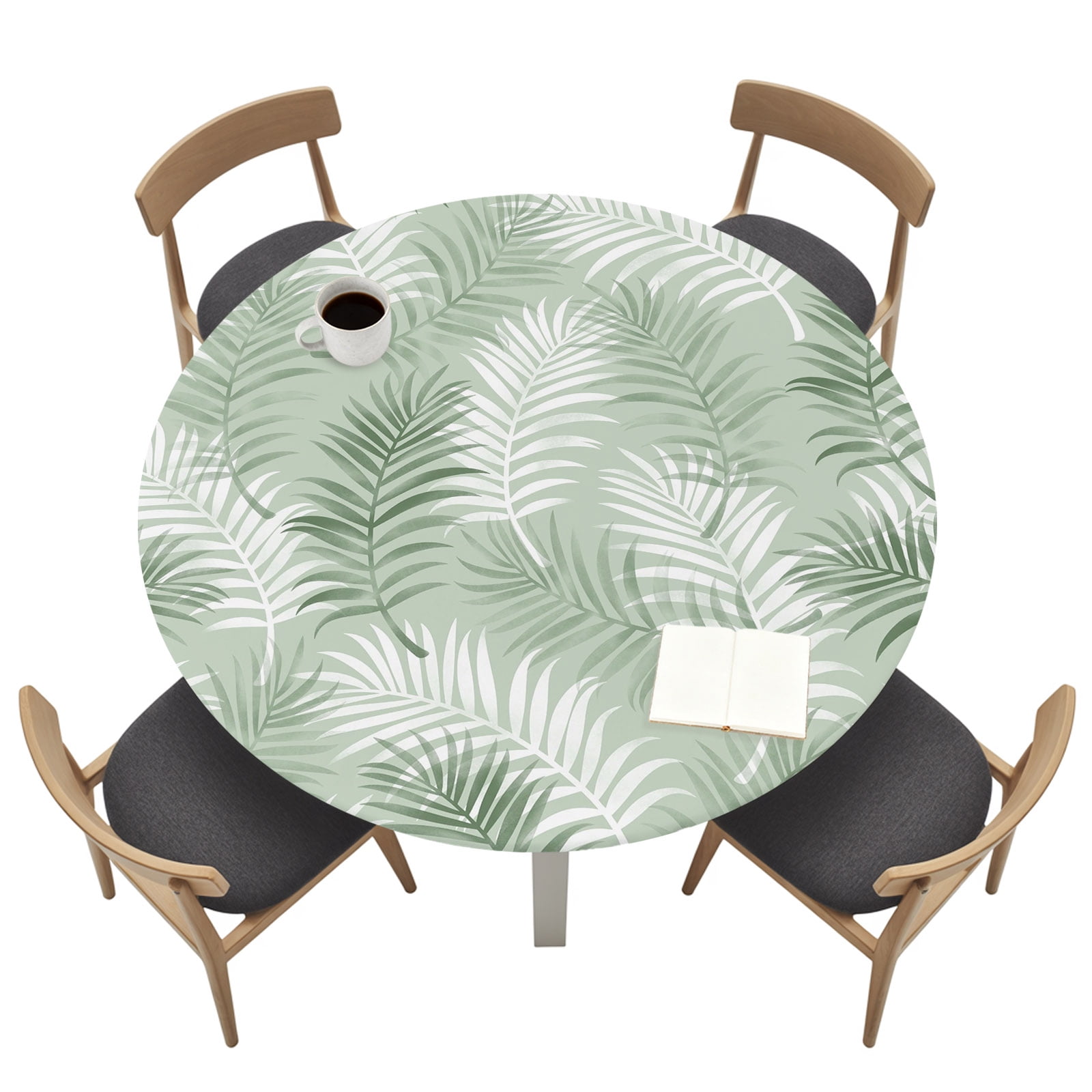 Green Palm Leaf Pattern Round Fitted Tablecloth with Elastic Edged ...