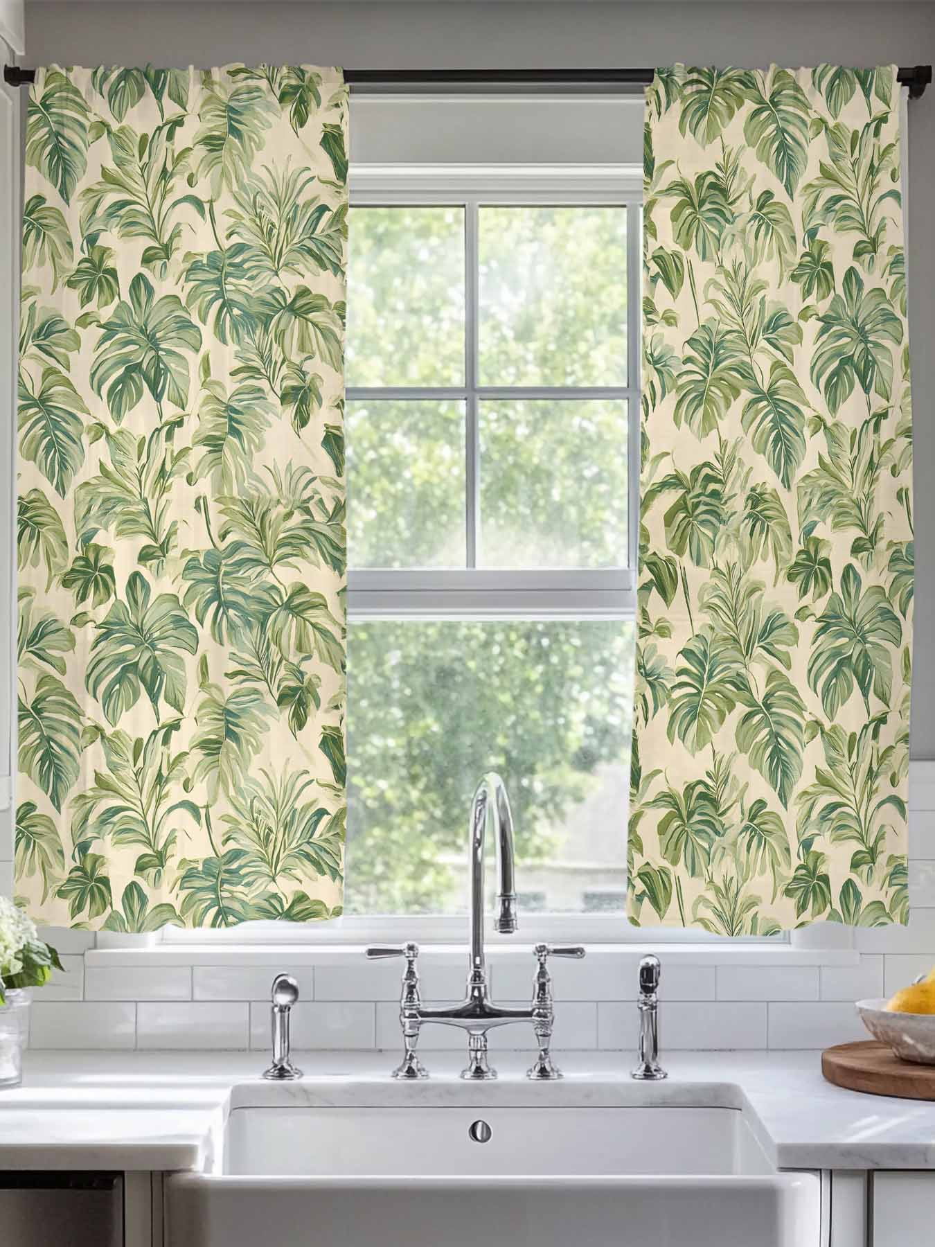 Green Palm Leaf Sheer Curtains for Living Room Bedroom Watercolor ...
