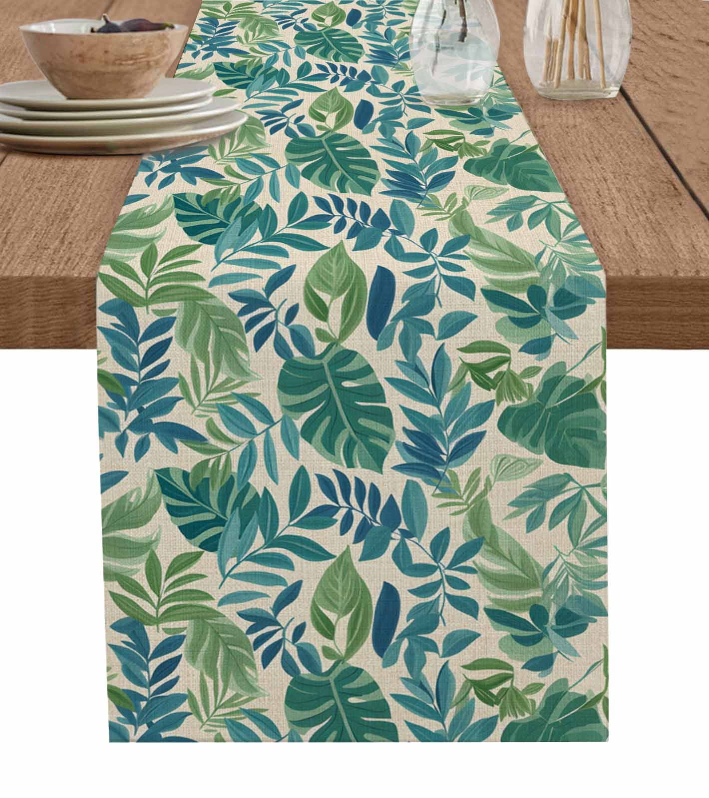 Green Palm Leaf Table Runner 72 Inches, Tropical Plants Retro Pastoral ...