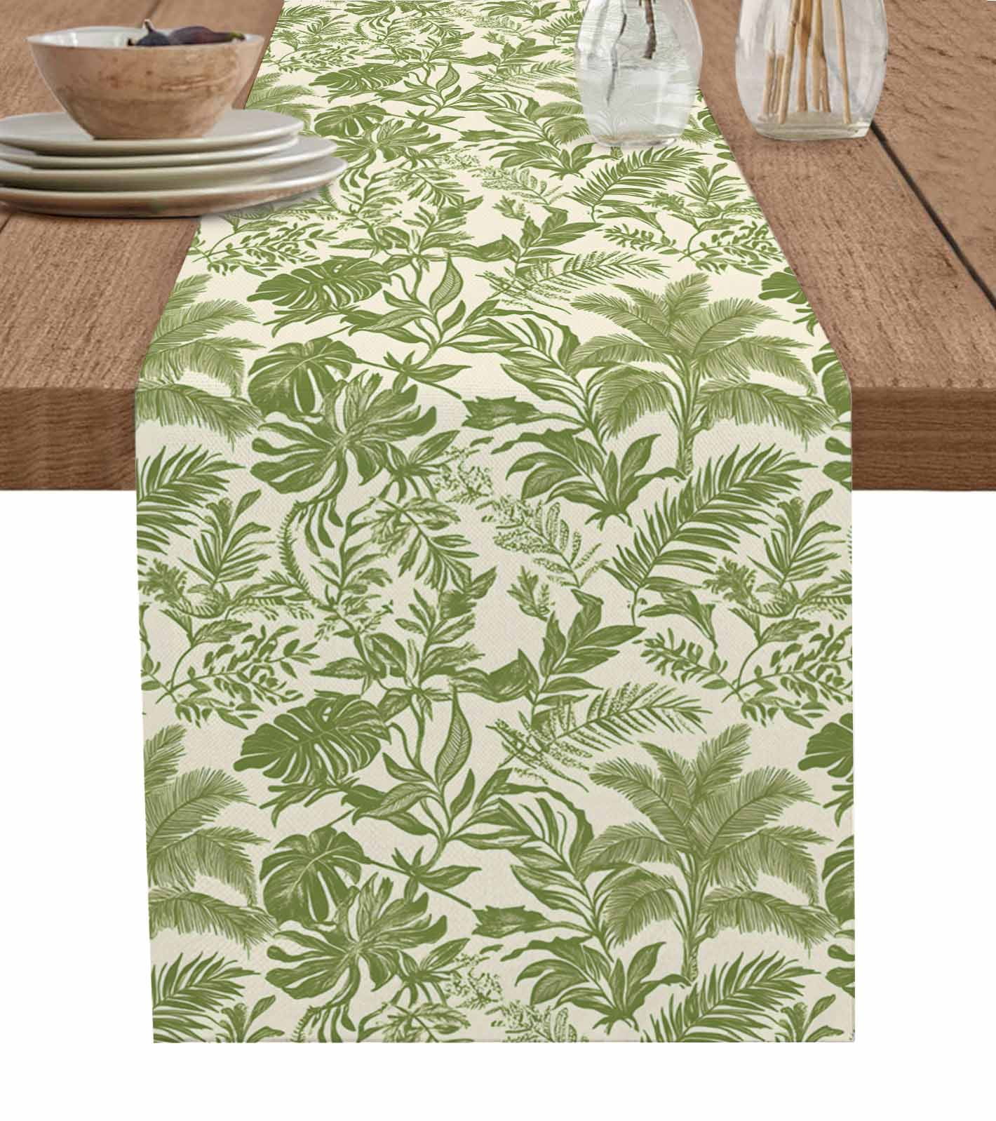 Green Palm Leaf Table Runner 72 Inches, Watercolor Summer Leaves Bed ...