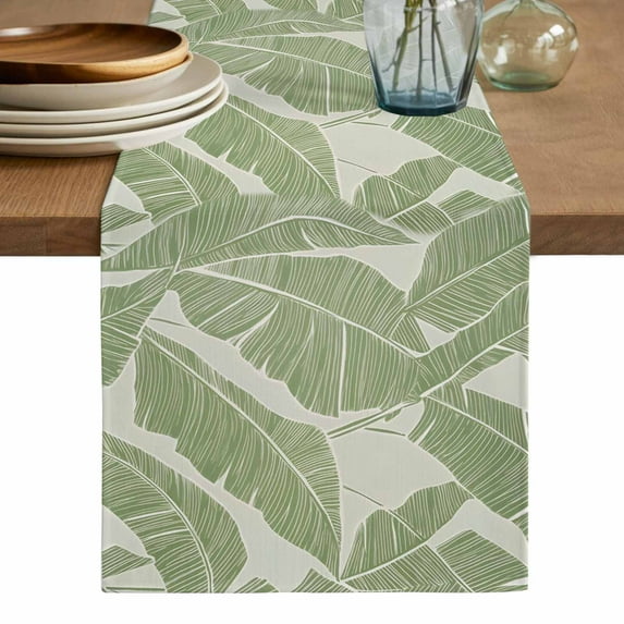 Green Palm Leaf Table Runner, Tropical Botanical Summer Washable Cotton ...