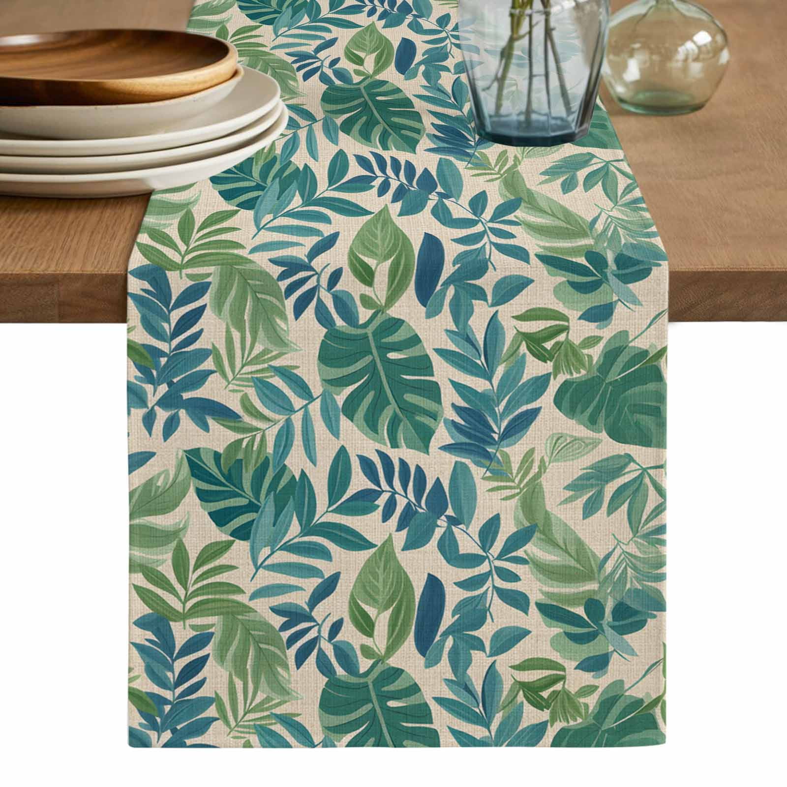 Green Palm Leaf Table Runner, Tropical Plants Retro Pastoral Summer ...
