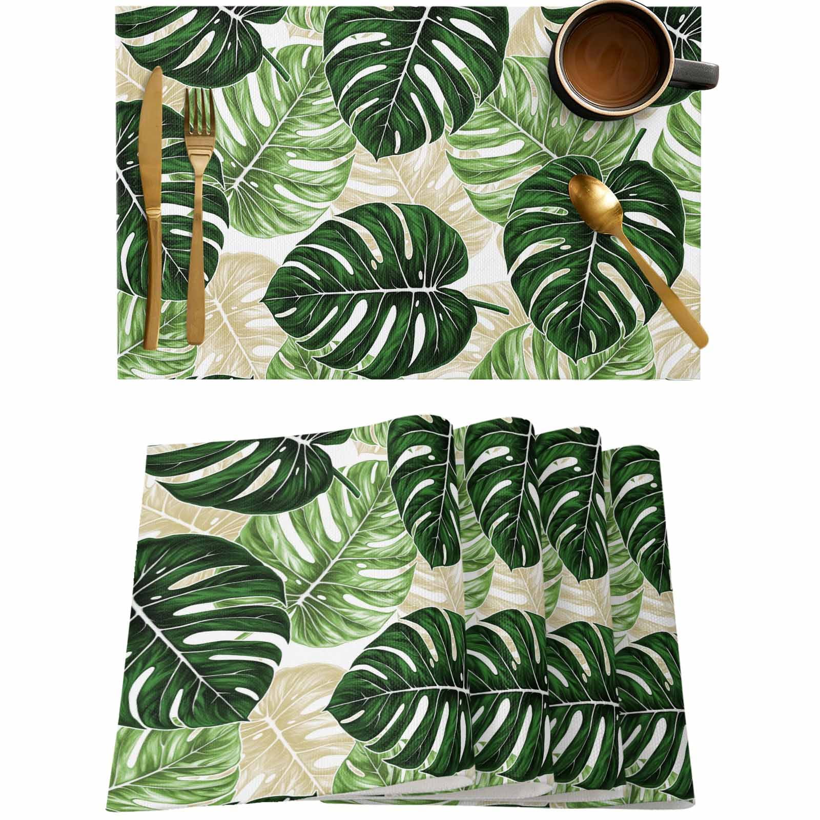 Green Palm Leaf Tropical Plant Placemats Set of 4,Wipeable Washable Table Mats for Dining Tables ...