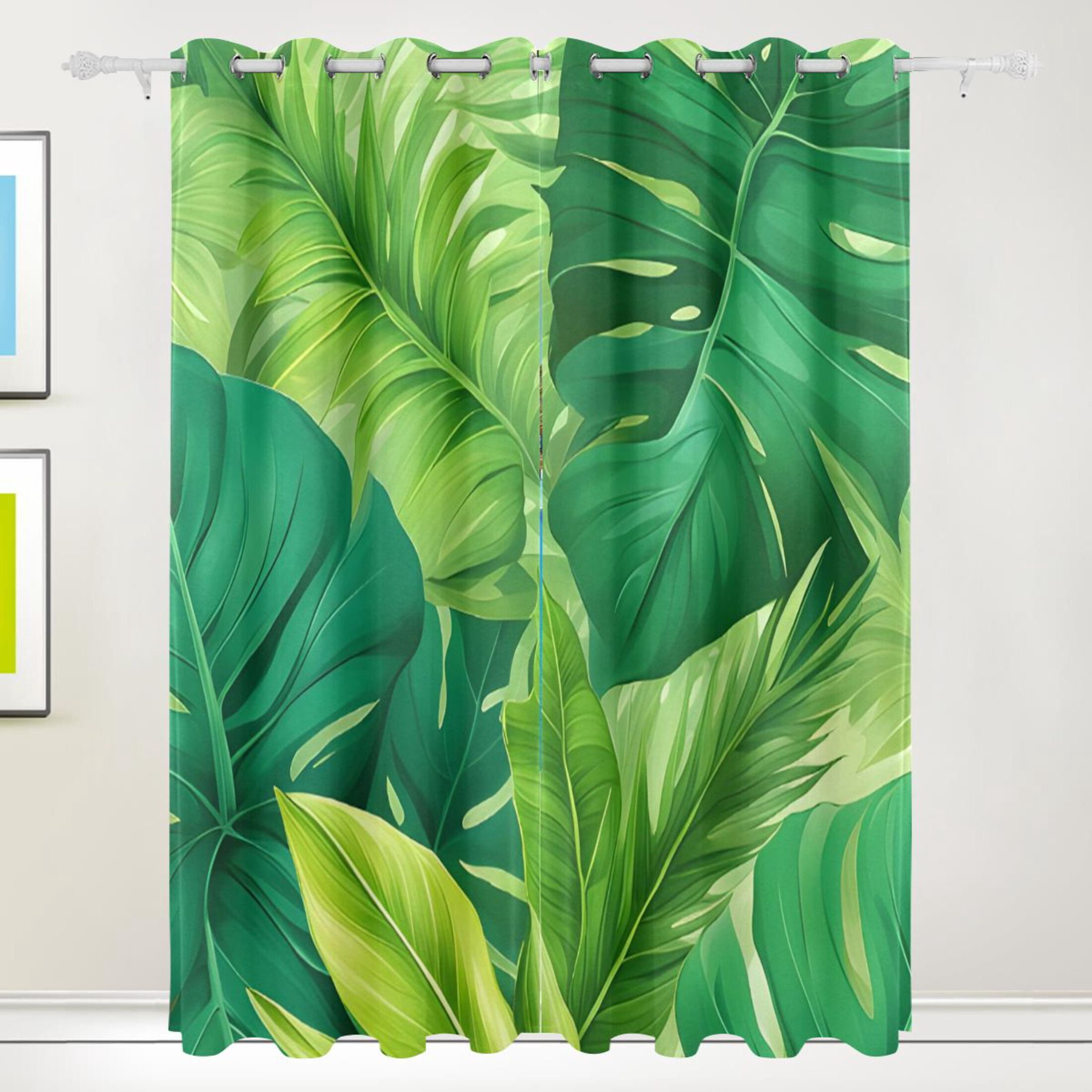Green Palm Leaves Blackout Curtains 55W x 84L Living Room Bedroom ...
