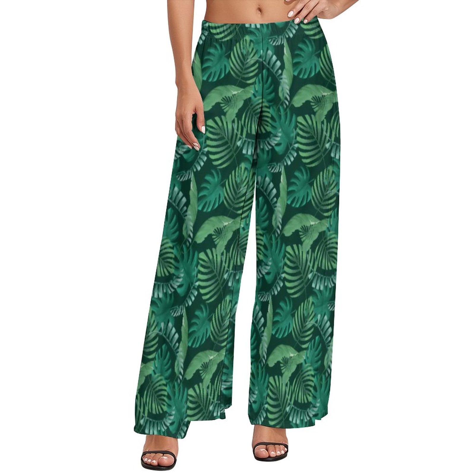 Green Palm Leaves Pants Woman Tropical Leaf Print High Waisted Casual ...