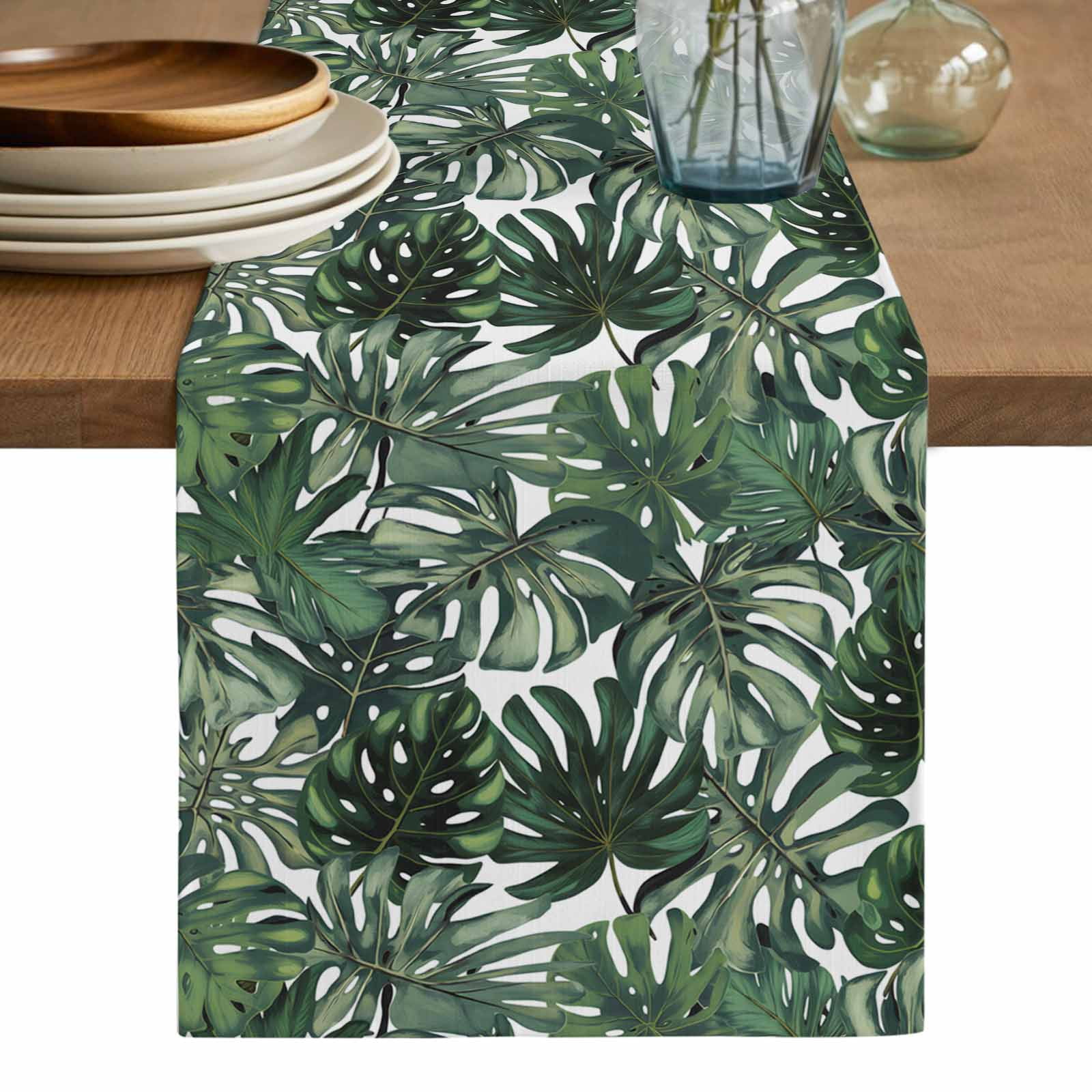 Green Palm Leaves Table Runner, Summer Tropical Leaf Vintage Washable ...