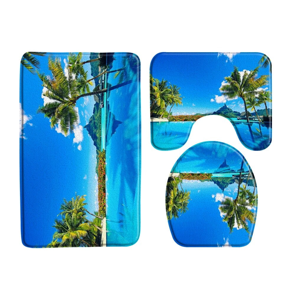 Green Palm Tree Forest Landscape Bath Mat 3pcs Set Scenery Entrance ...